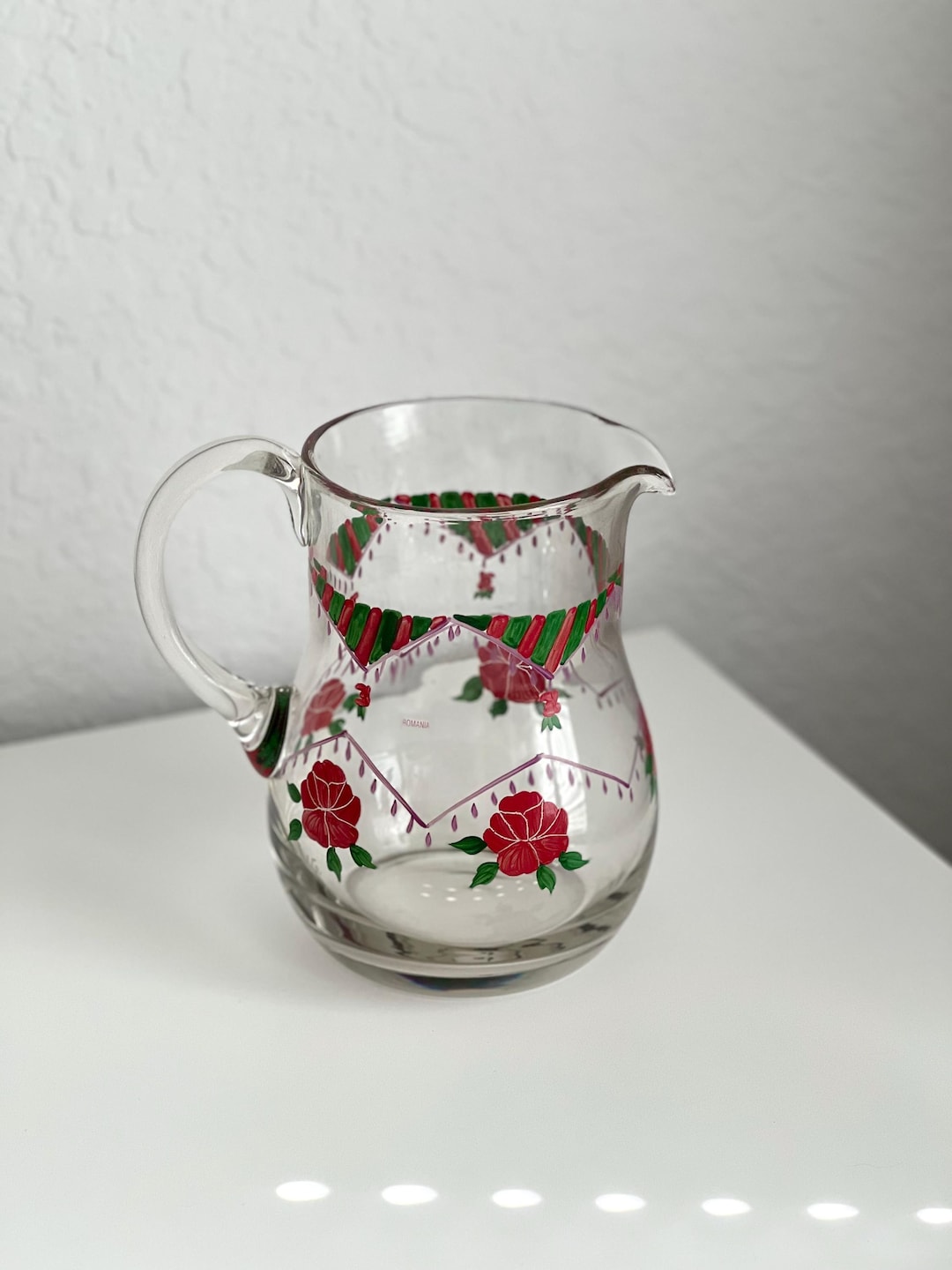 Vintage Mid Century MCM Romania Hand Painted Red Rose Clear Glass ...