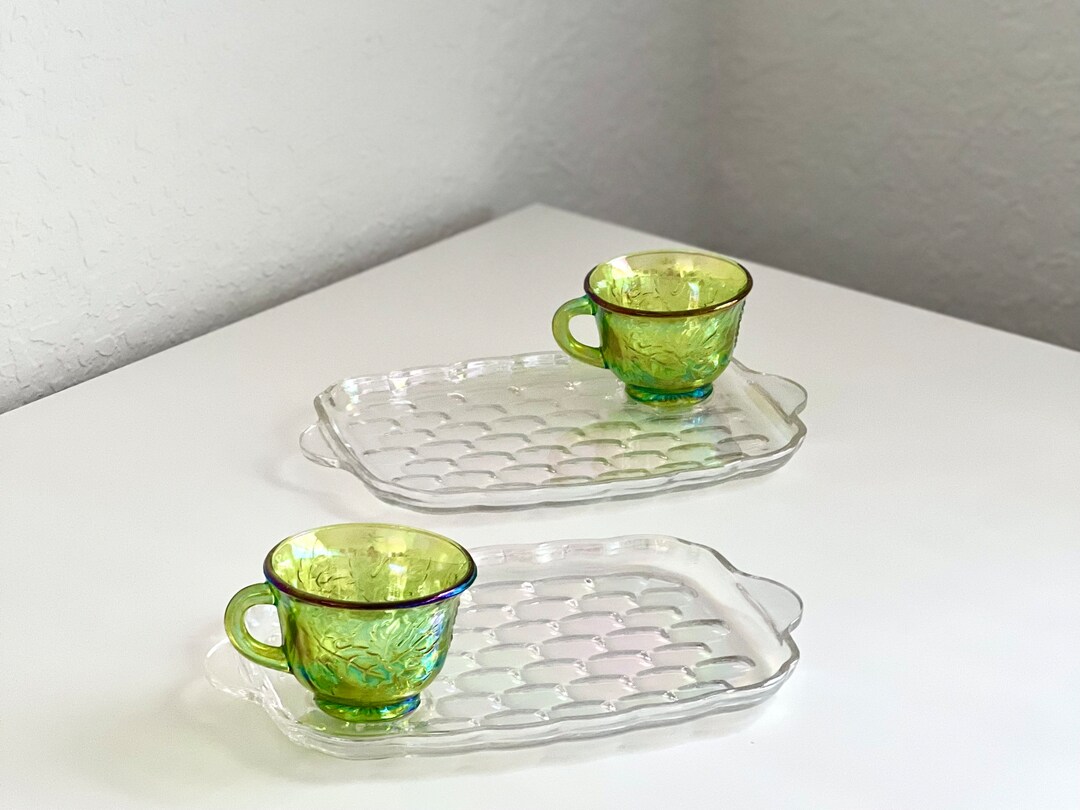 Set of 2 Vintage Mismatch Federal Colonial Iridescent Clear Glass Snack ...