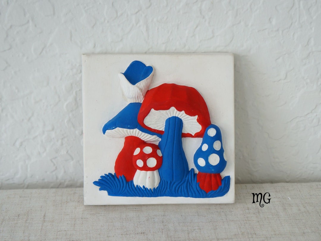 Hand Painted Blue Red 3D Mushroom Smurfs Style Pottery Tile Decorative ...
