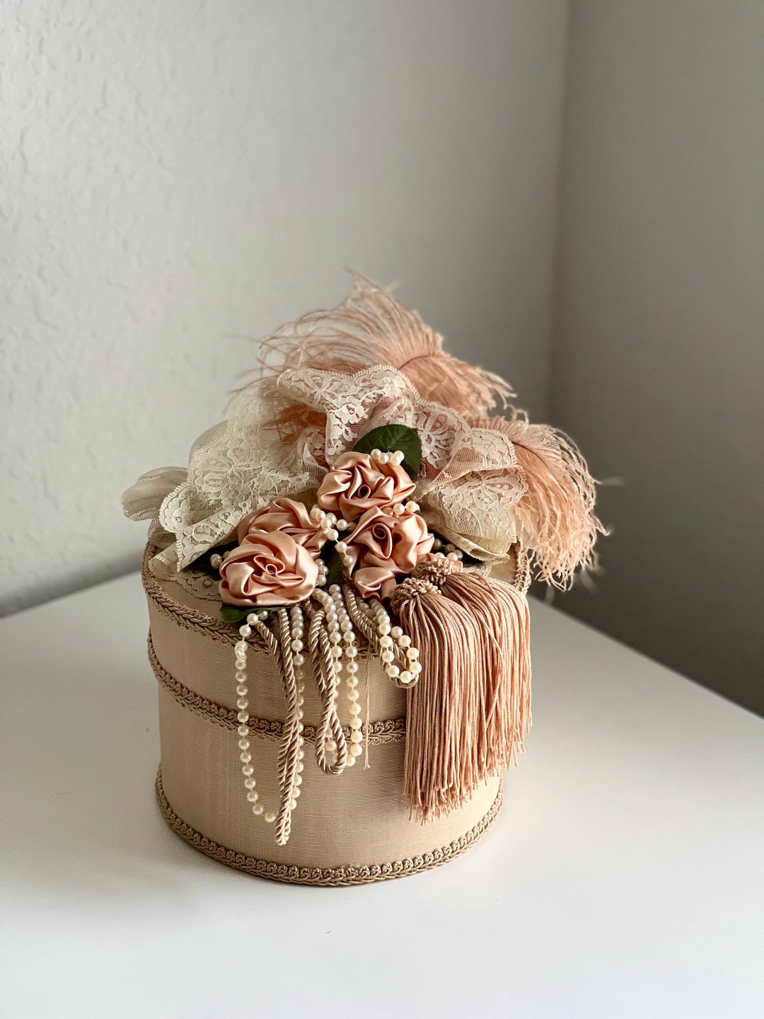Vintage Hand Made Lace Faux Pearls Feather Ribbon Rose Hat Box ...