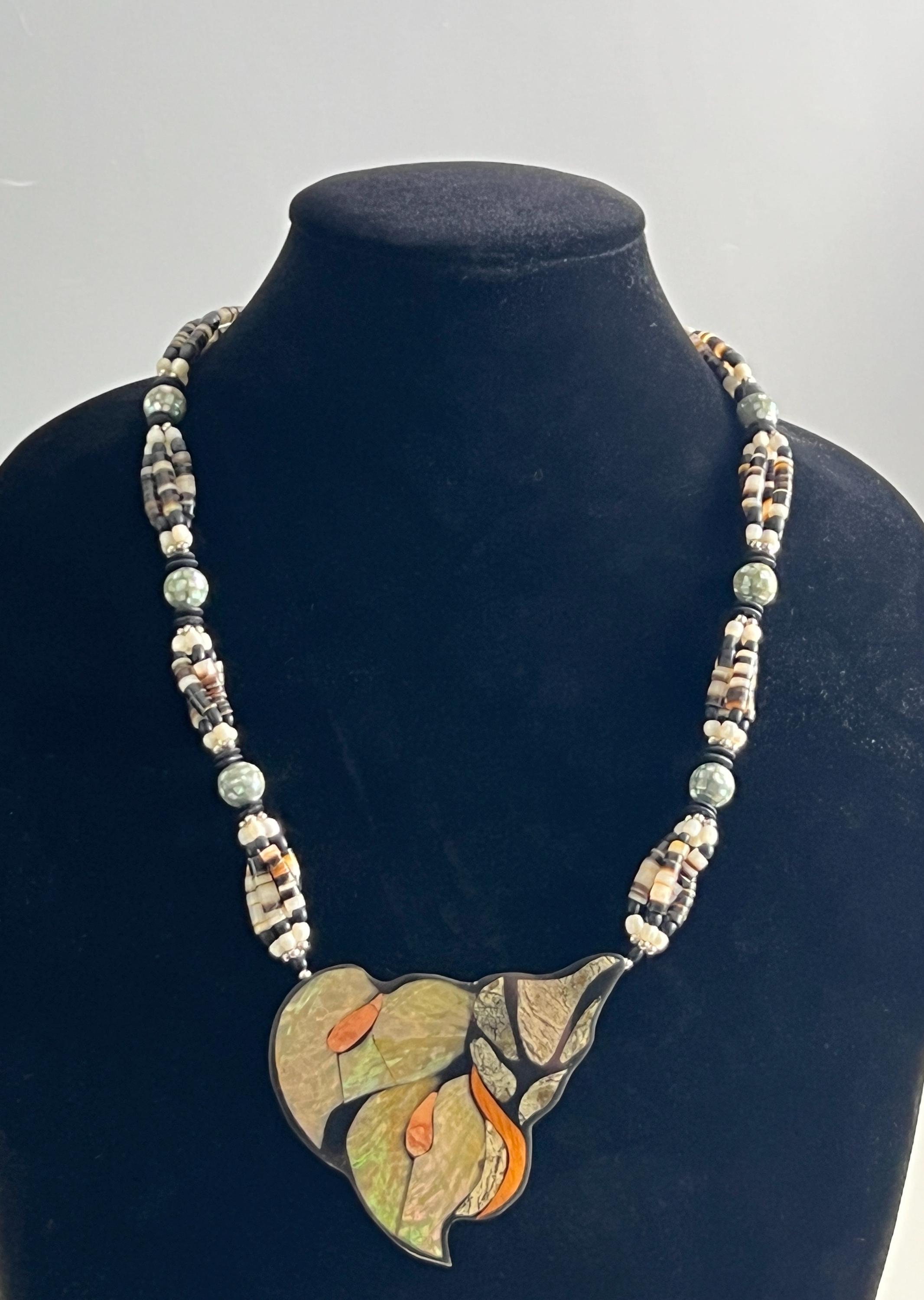 Vintage Mother of Pearl Inlay Mosaic Calla Lily Floral Beaded Necklace ...