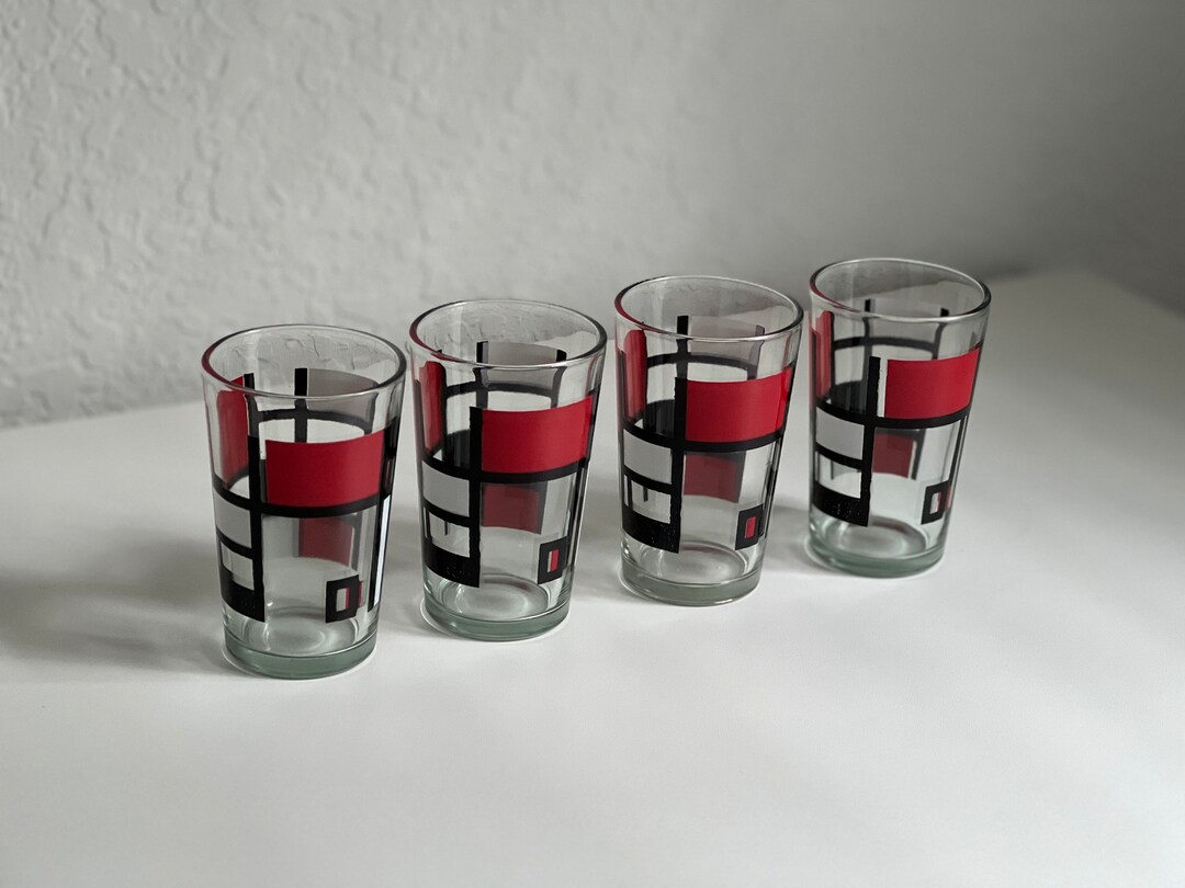 Vintage MCM Set of 4 Red Black White Color Block Glass Juice Tumblers ...