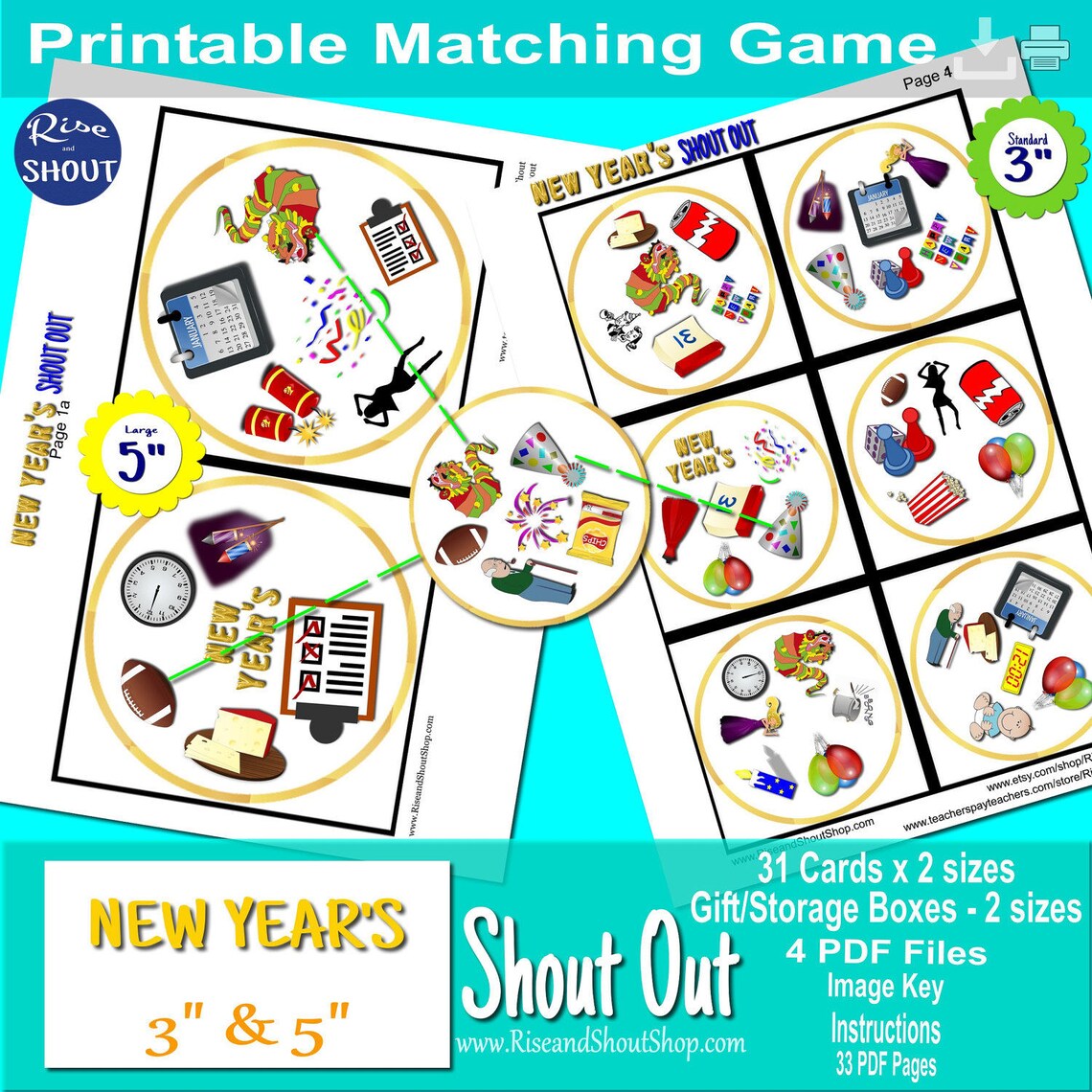 New Year's Eve or Day Matching Game SHOUT OUT; 31 3" or 5" Cards ...