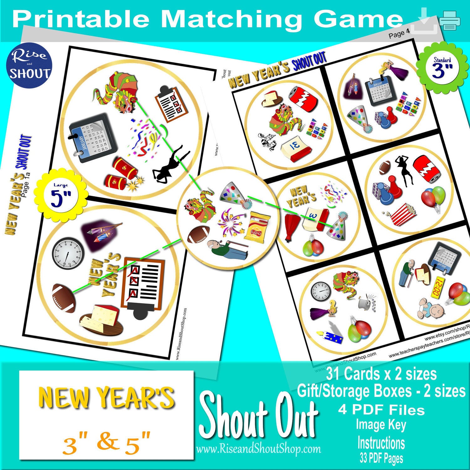 New Year's Eve or Day Matching Game SHOUT OUT; 31 3" or 5" Cards ...