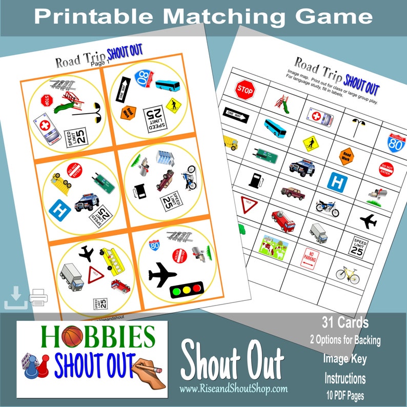 ROAD TRIP MATCHING Game Shout Out; Printable Cards; Car Game; Language ...