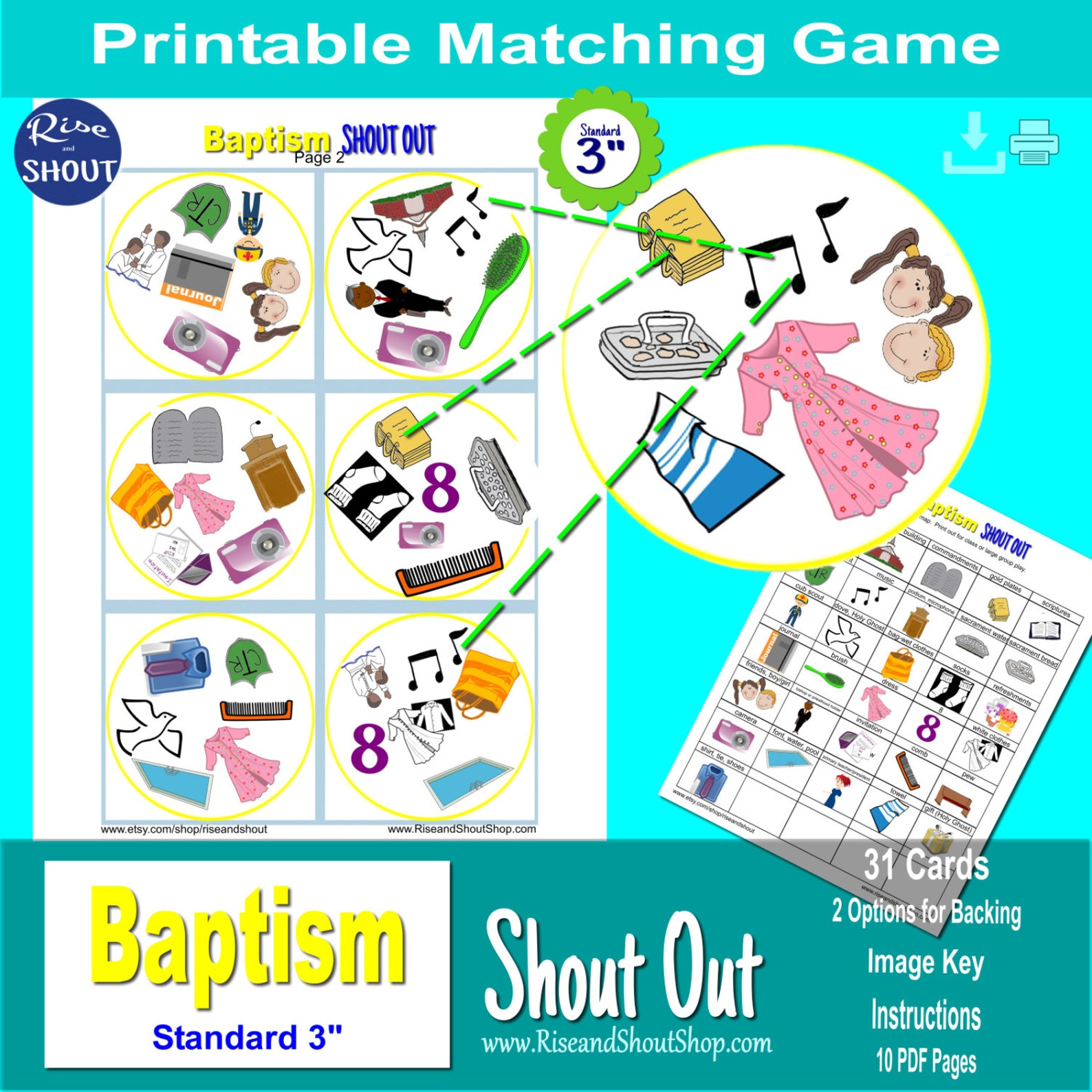 BAPTISM GAME Matching Shout Out; 31 Cards, 3: & 5"; 8 is Great; LDS ...