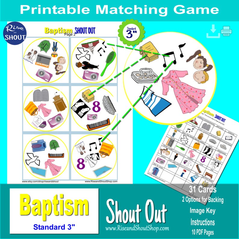 BAPTISM GAME Matching Shout Out; 31 Cards, 3: & 5"; 8 is Great; LDS ...