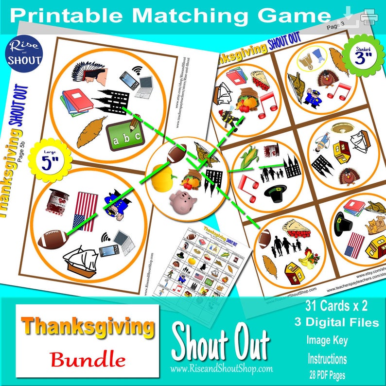 THANKSGIVING GRATITUDE Matching GAME Shout Out; 31 Cards, 3" & 5 ...