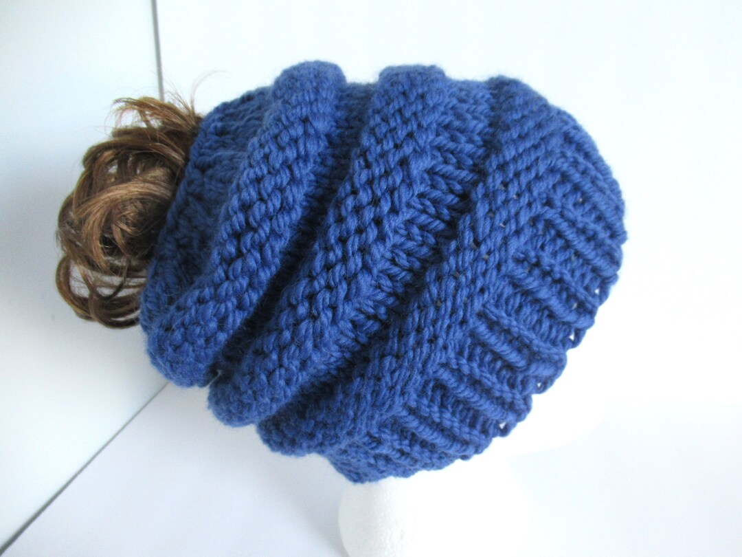 Messy Bun Hat Blue Messy Bun Hat Knit Messy Bun Hat Messy - Etsy