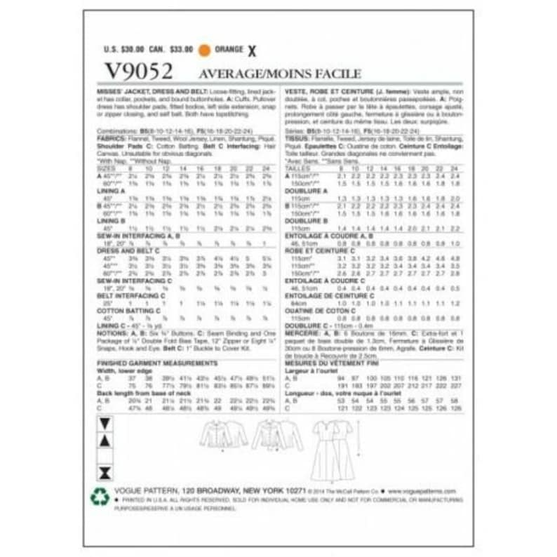 Vogue V9052 Misses Vintage 1949 Design Jacket, Dress and Belt Sewing ...