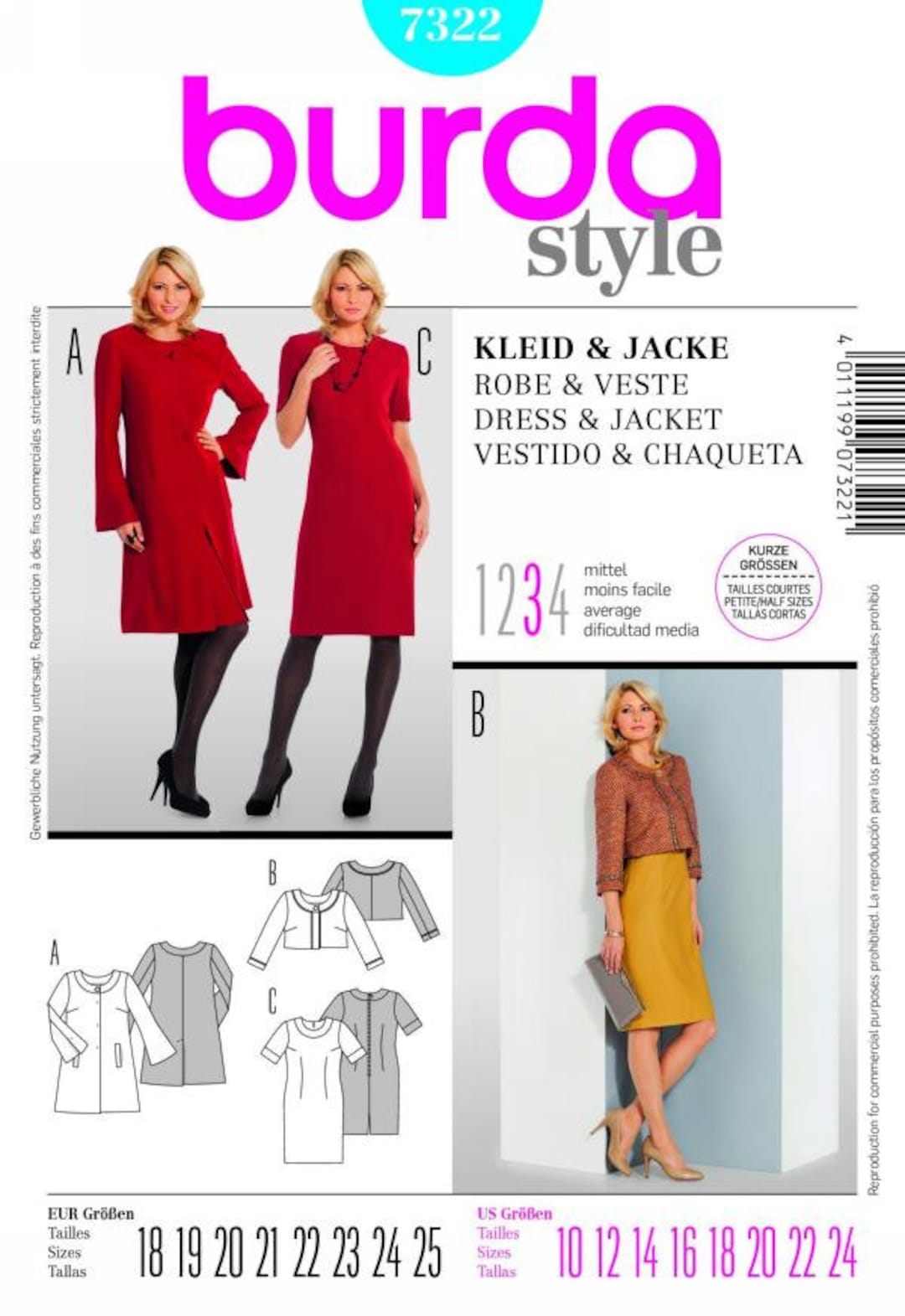 Burda 7322 Size 10-24 Misses Jacket and Fitted Lined Dress Sewing ...