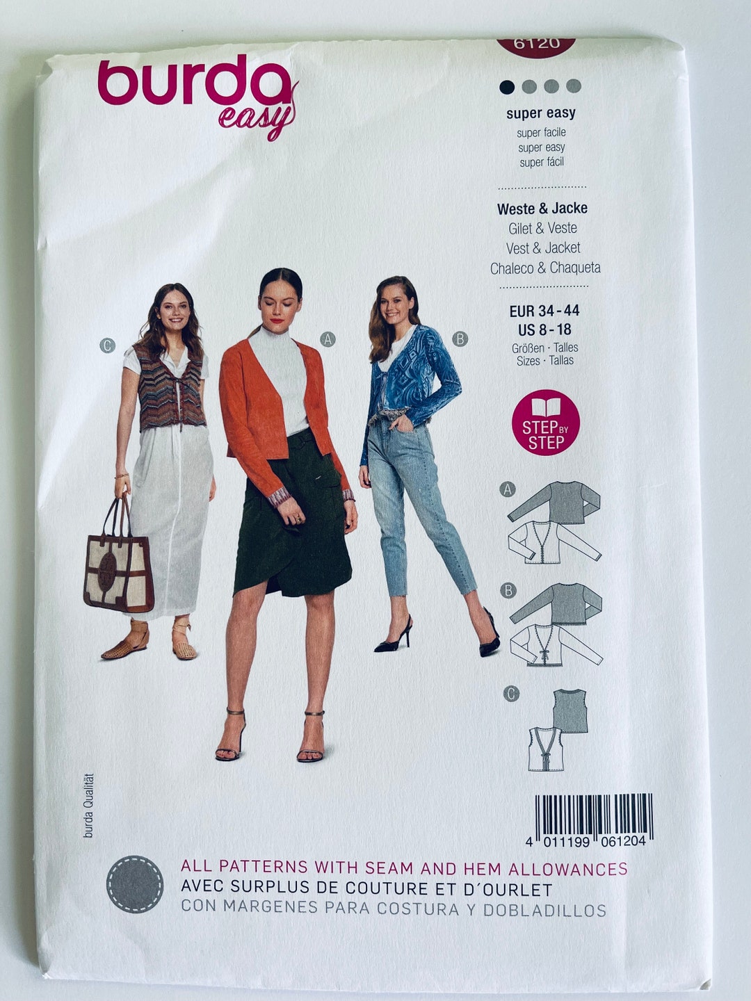 Burda 6120 Sewing Pattern - Misses Vests and Short Jackets - Size 8-18 ...