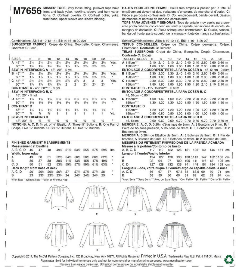 Mccall's M7656 Misses' Tops With Neck Button, Yoke, Pleats and Sleeve ...