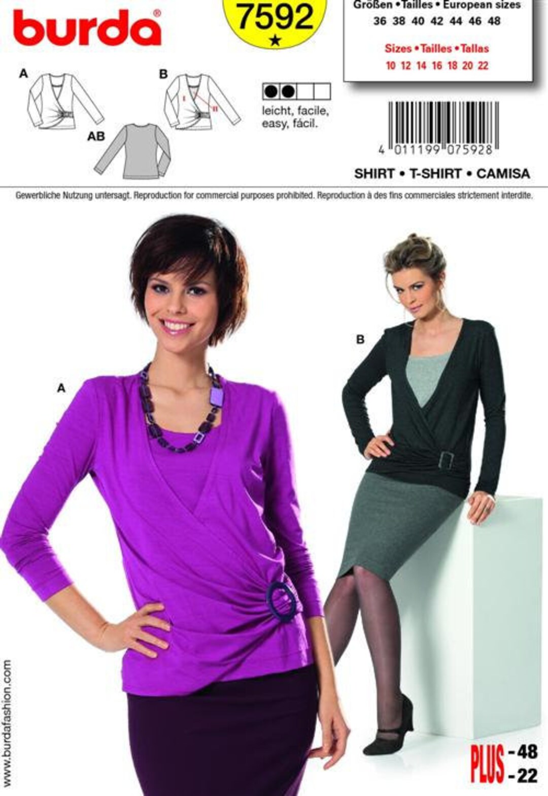 Burda 7592 Size 10-20 Misses' Fitted Wrap Shirt / Top With Two Sleeve ...