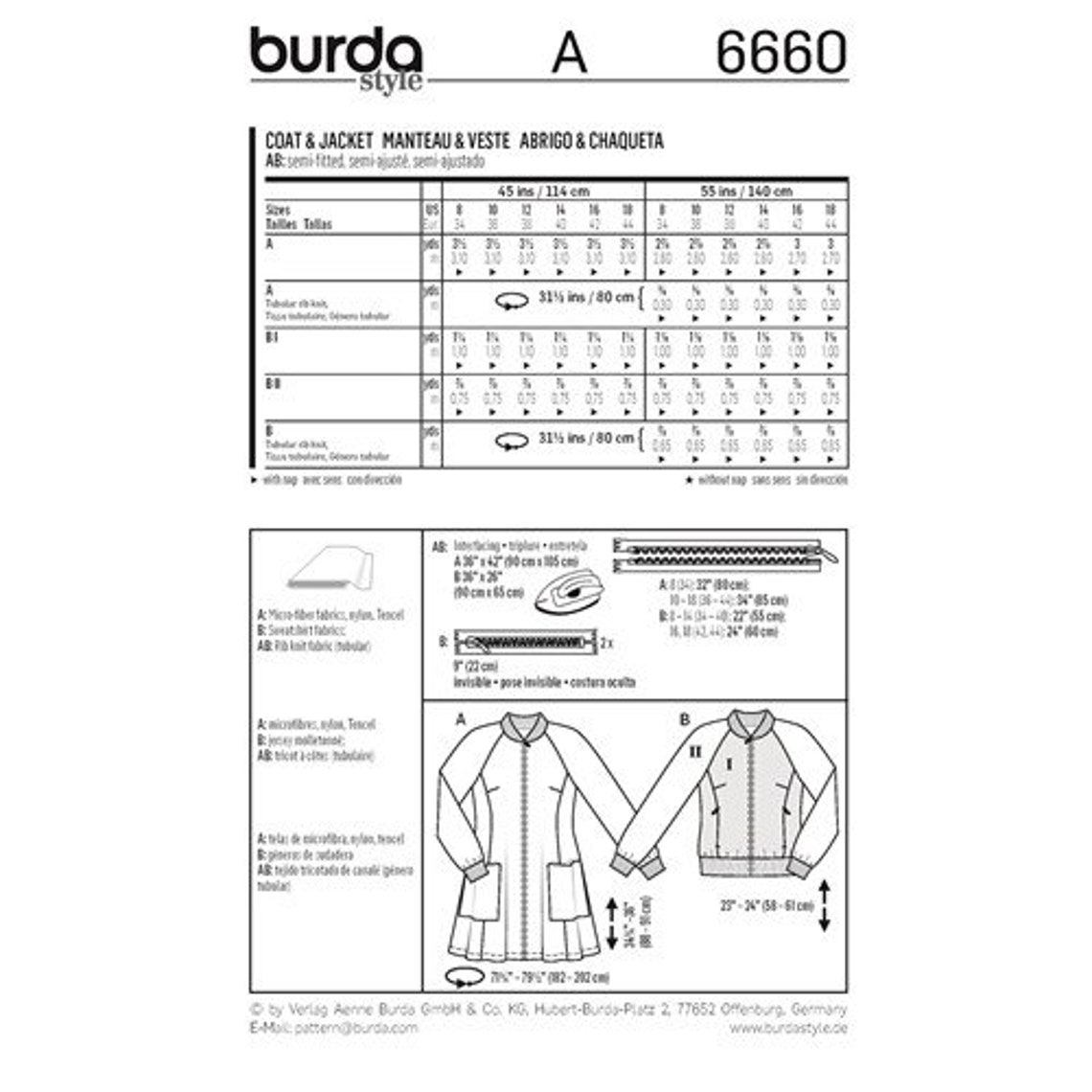 Burda 6660 Misses' Jacket or Coat Sewing Pattern Size 8-18 / Uncut FF ...