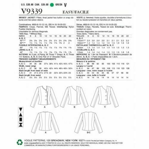 Vogue V9339 Sewing Pattern Misses Jackets Size 6-14 or - Etsy