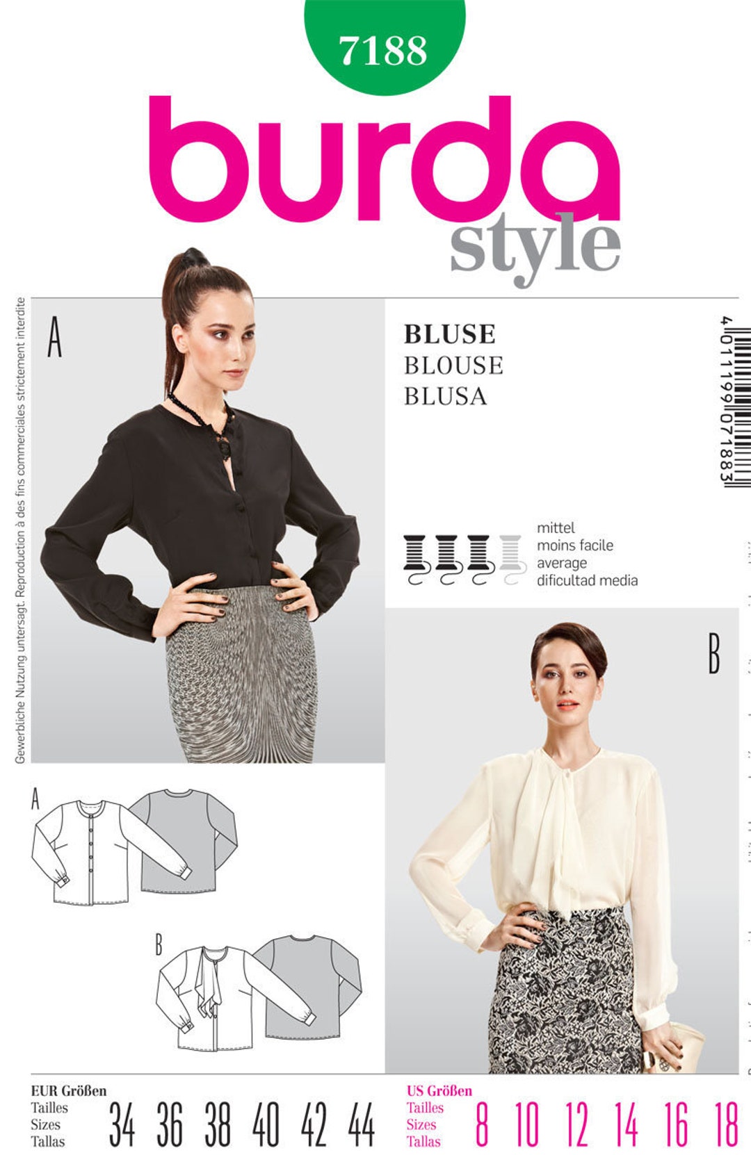 Burda 7188 Size 8-18 Misses Blouses Sewing Pattern / UNCUT Factory ...