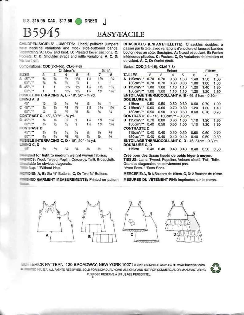 Butterick B5945 Sewing Pattern - Girl's Jumpers / Uncut, FF - Etsy