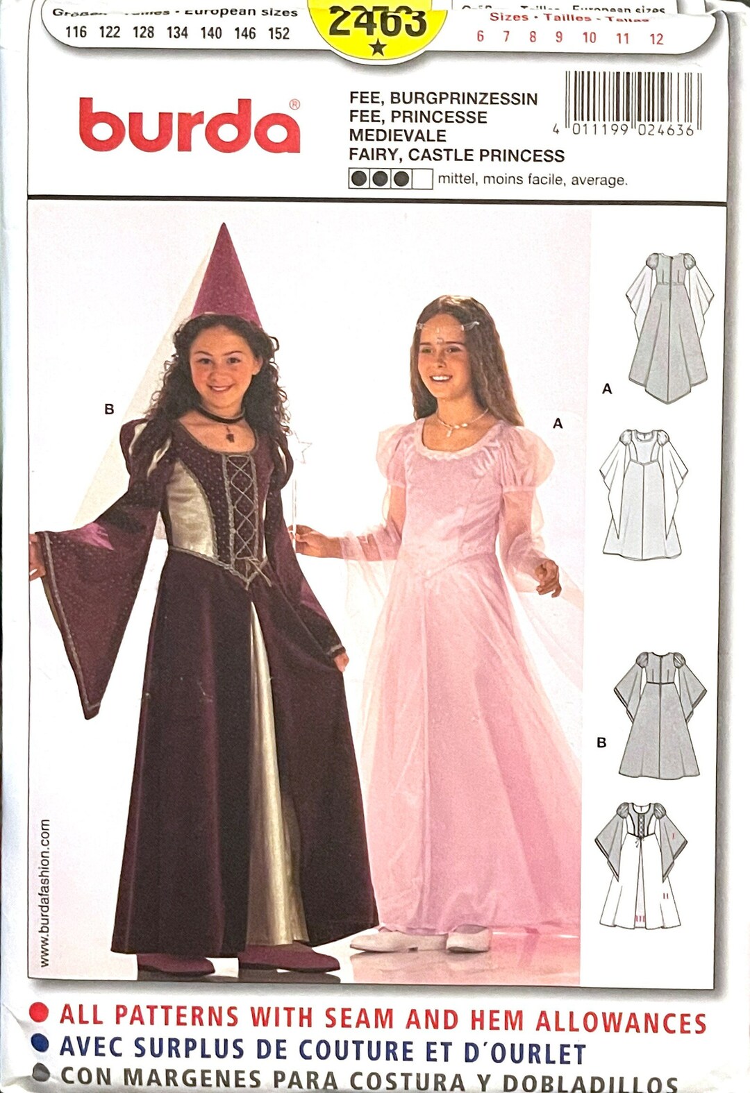 Burda 2463 Sewing Pattern for Kids' Costumes Midieval Princess Sizes 6 ...