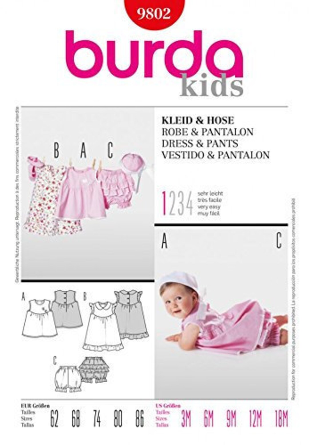 Burda Children's Sewing Pattern 9802 - Dress & Pants Sizes: 3m - 18m ...