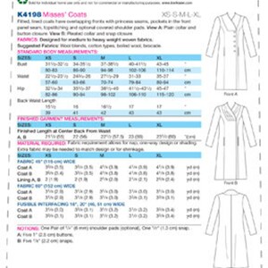 Kwik Sew K4198 Sewing Pattern - Misses' Swan-neck Coats Size (XS-S-M-L ...