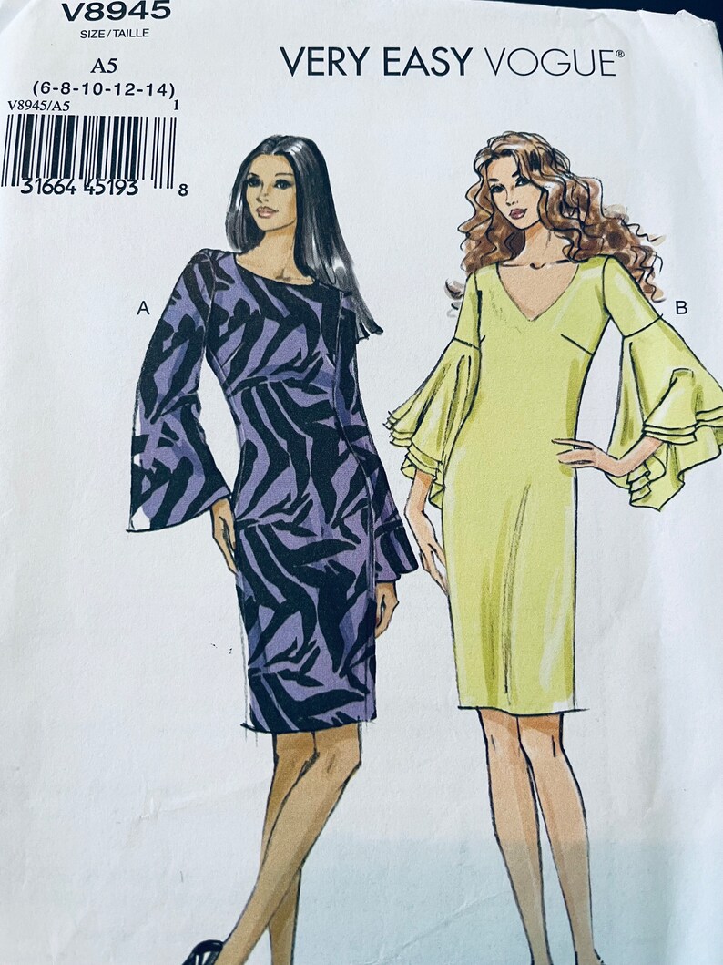 Vogue V8945 Sewing Pattern - Misses Dresses With Sleeve Flounce - Size ...