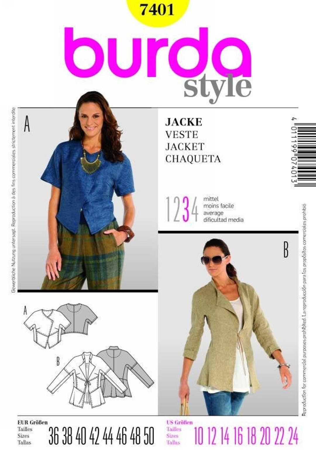 Burda 7401 Misses Jackets Sewing Pattern Size 10-24/ Uncut Ff - Etsy
