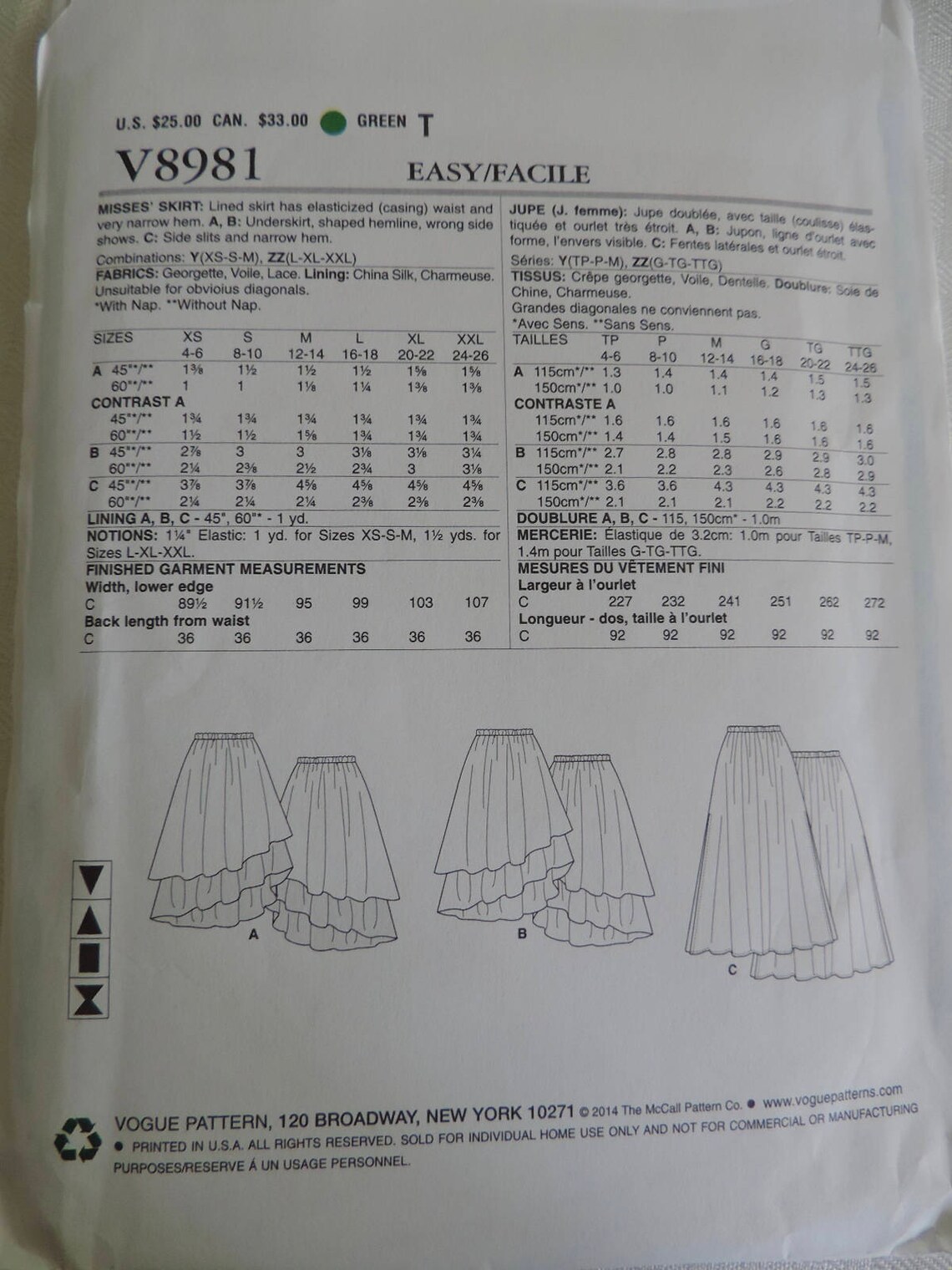 Vogue V8981 Size 4-14 or 16-26 Misses' Gathered Waistline, Tiered Skirt ...