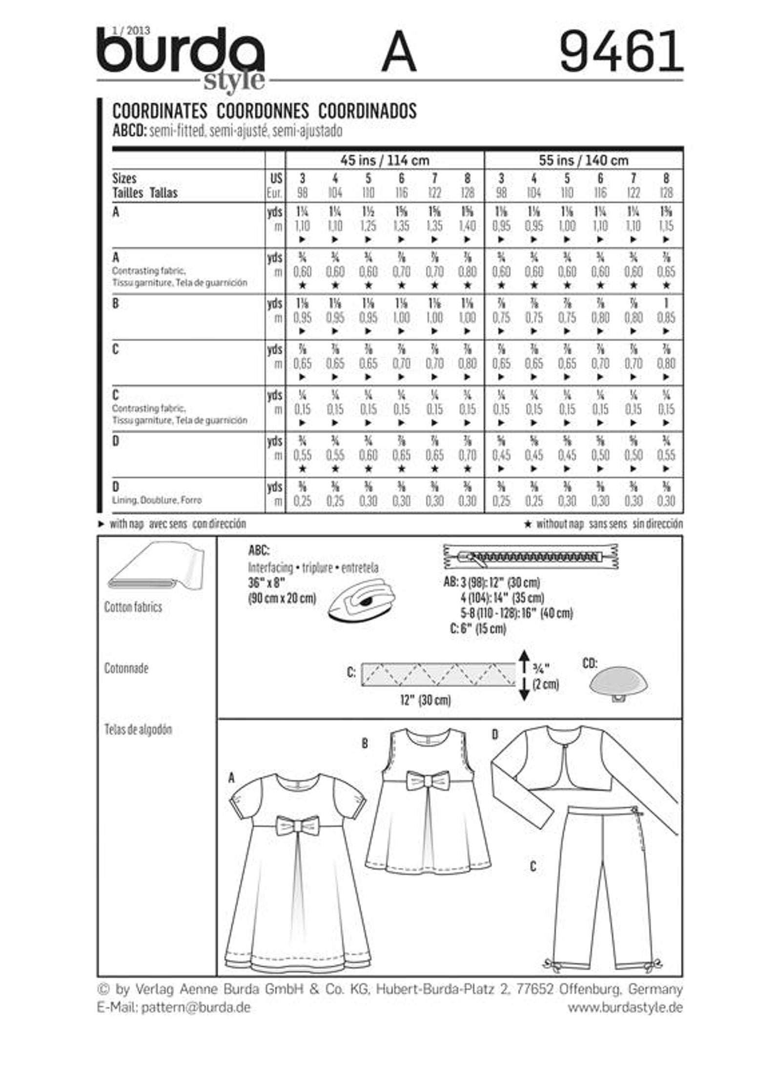 Burda 9461 Size 3-8 Children's Girl's Dress, Pants and Bolero Sewing ...