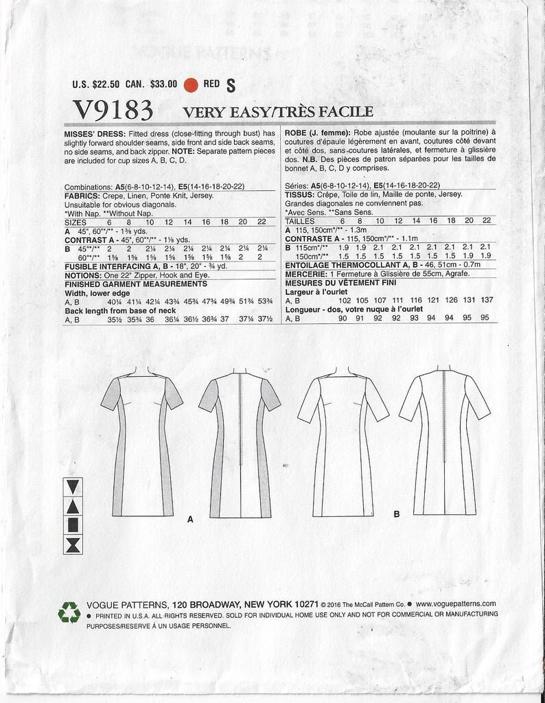 Vogue V9183 Misses' Fitted Dresses Sewing Pattern Size - Etsy