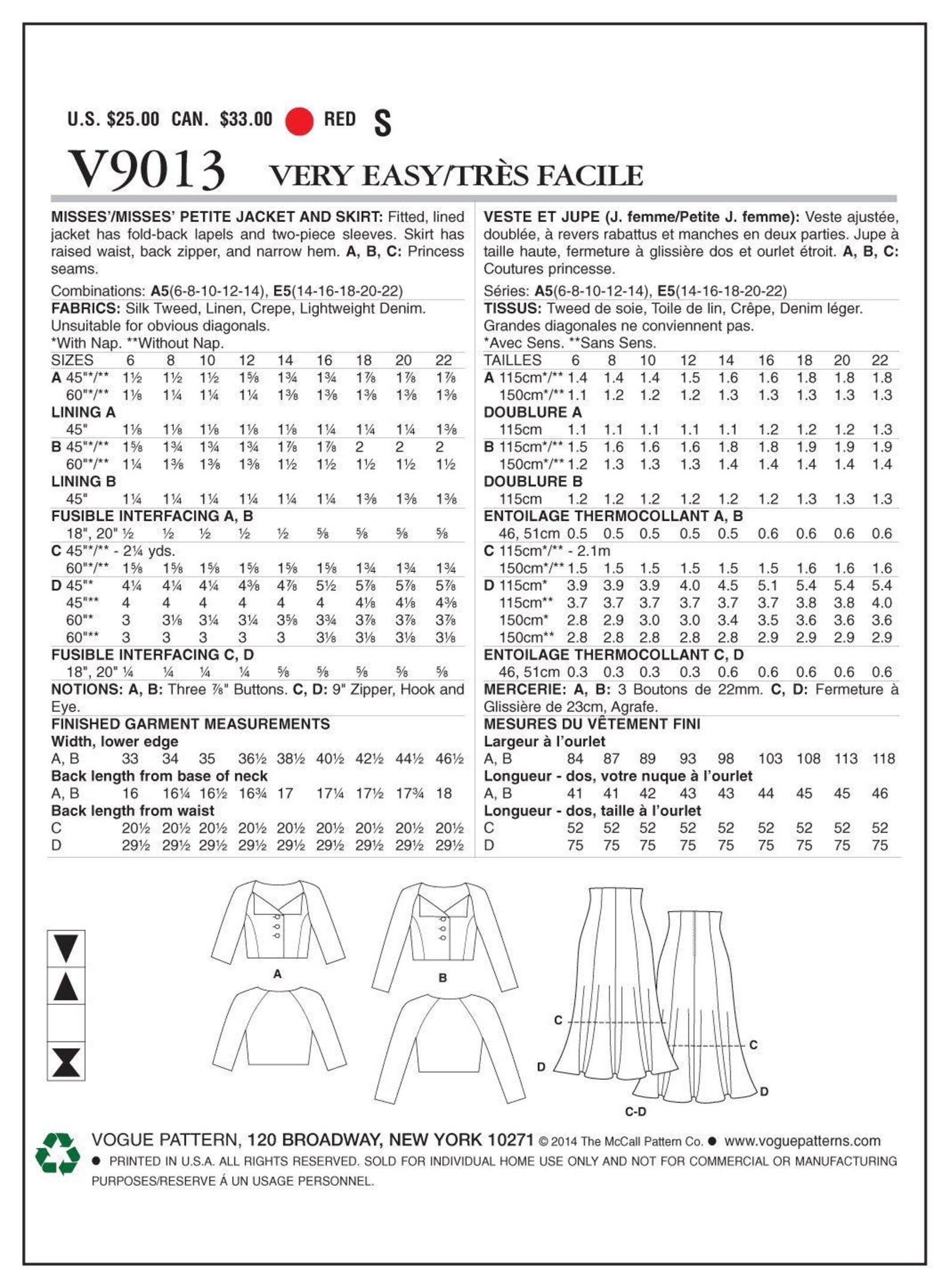 Vogue V9013 Size 6-14 or 14-22 Misses/misses Petite Jacket and Skirt ...
