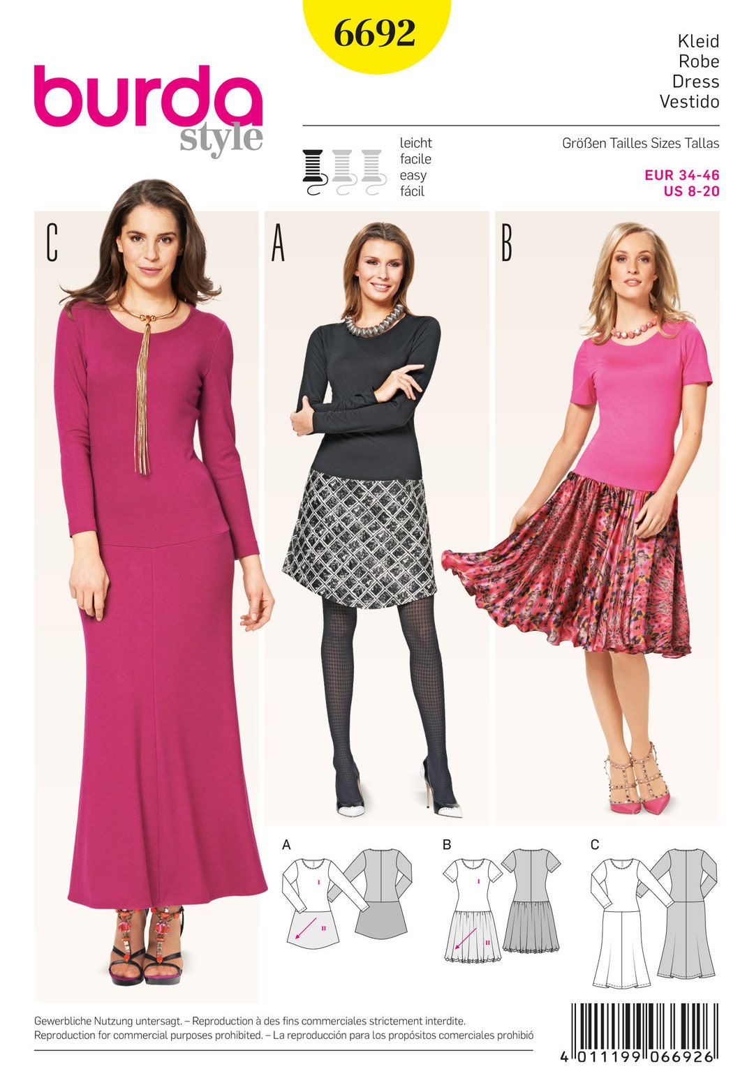 Burda 6692 Size 8-20 Misses Dresses With Low Set Skirt Sewing Pattern ...