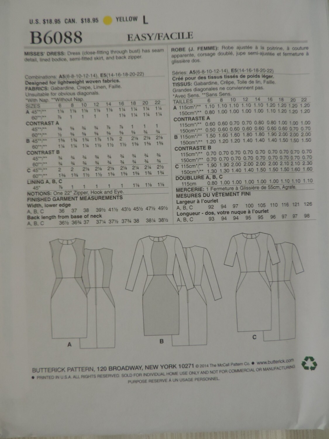 Butterick B6088 Size 6-14 or 14-22 Misses Dress Sewing | Etsy