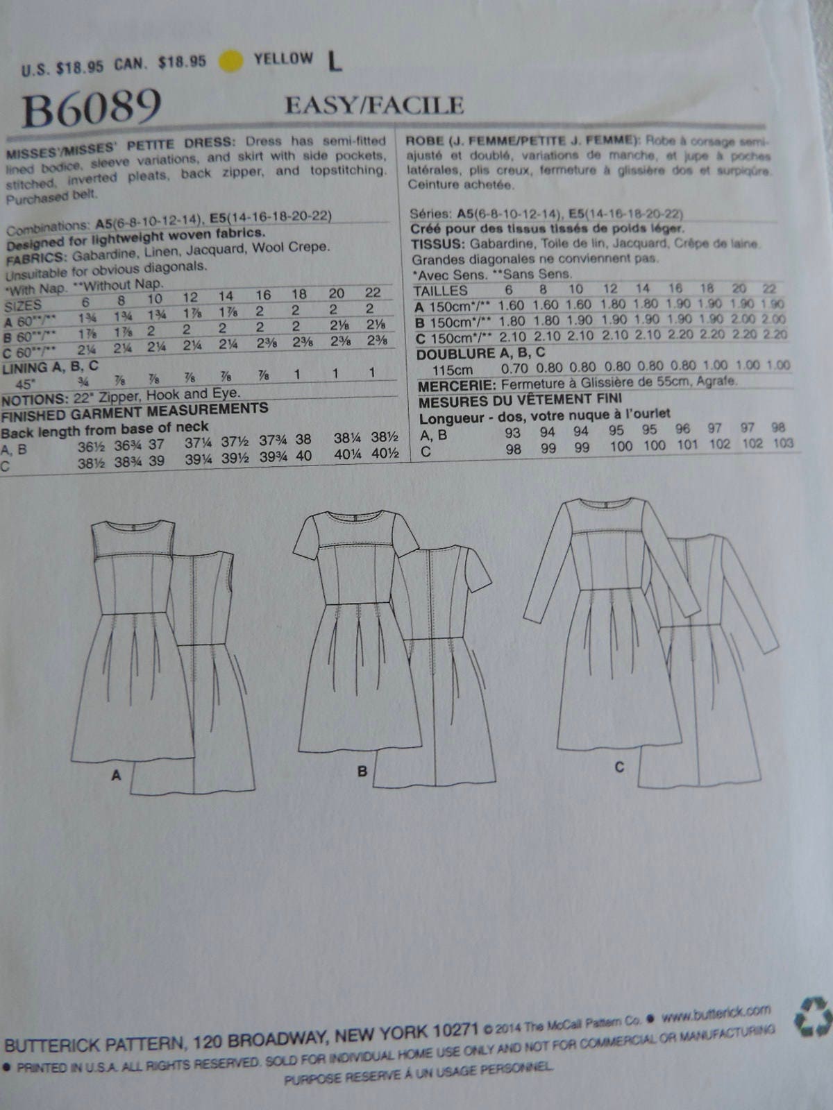 Butterick B6089 Size 6-14 or 14-22 Misses / Misses Petite | Etsy