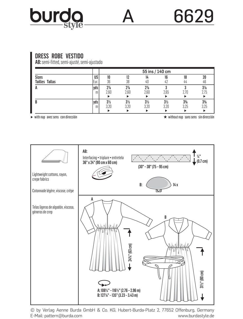 Burda Sewing Pattern 6629 Size 10-20 Misses Dress With Flared Skirt ...