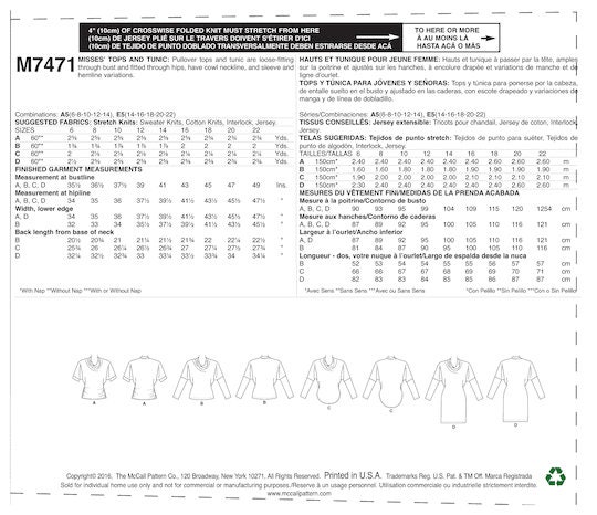 Mccall's M7471 Size 6-14 or 14-22 Misses' Knit Cowl-neck Tops and Tunic ...