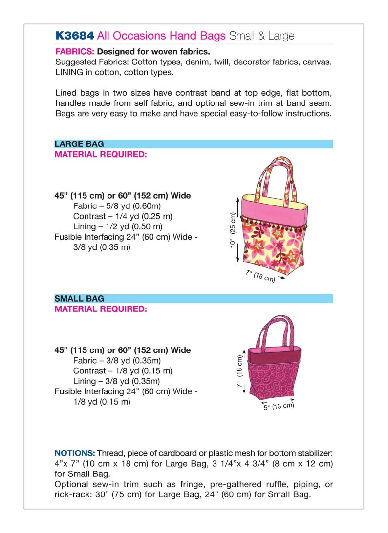 Kwik Sew K3684 Sewing Pattern for Women's Bags in Two - Etsy