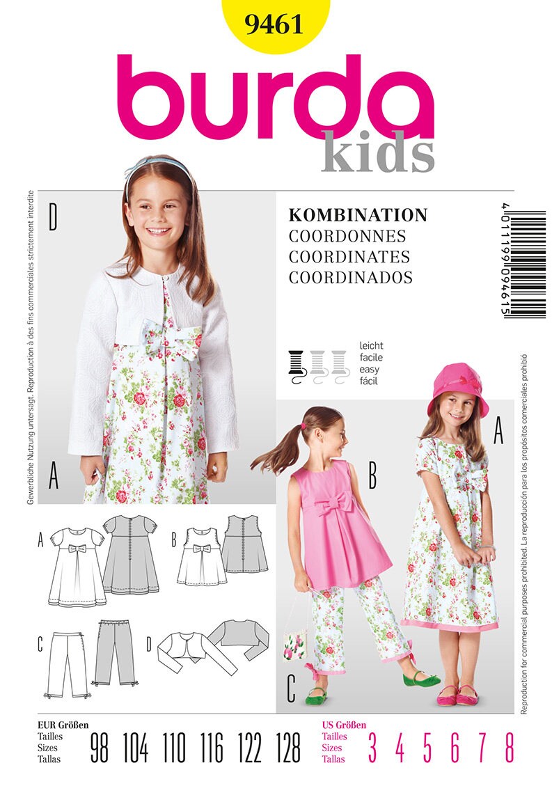 Burda 9461 Size 3-8 Children's Girl's Dress, Pants and Bolero Sewing ...