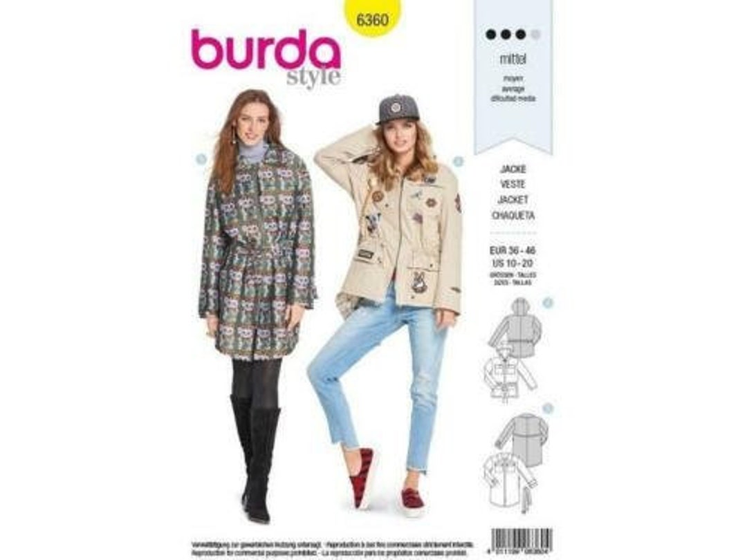 Burda 6360 Misses Shirt Jacket or Hooded Jacket Sewing Pattern Size 10 ...
