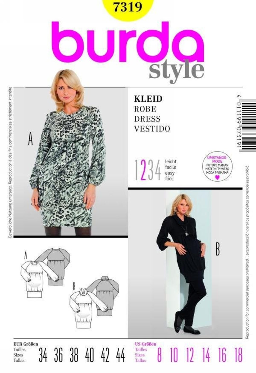 Burda 7319 Misses Maternity Dresses Sewing Pattern Size 8-18 / Uncut Ff ...