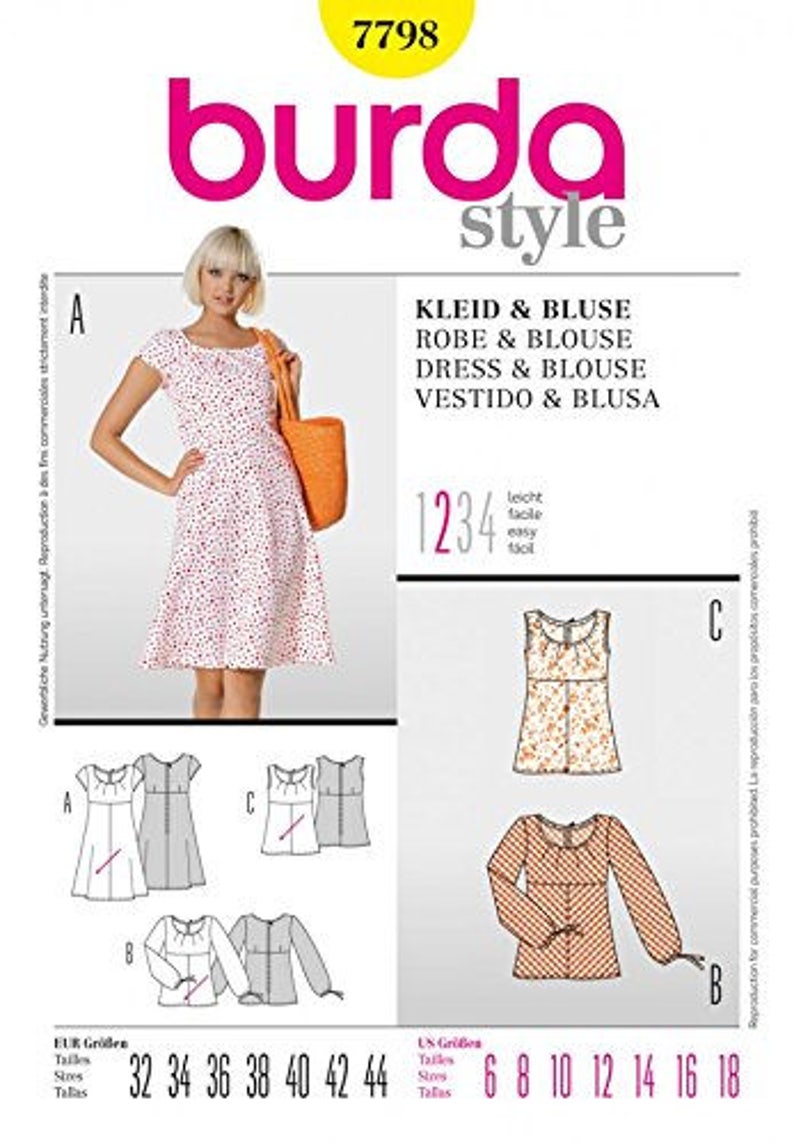 Burda 7798 Size 6-18 Misses Summer Dress and Tops Sewing - Etsy
