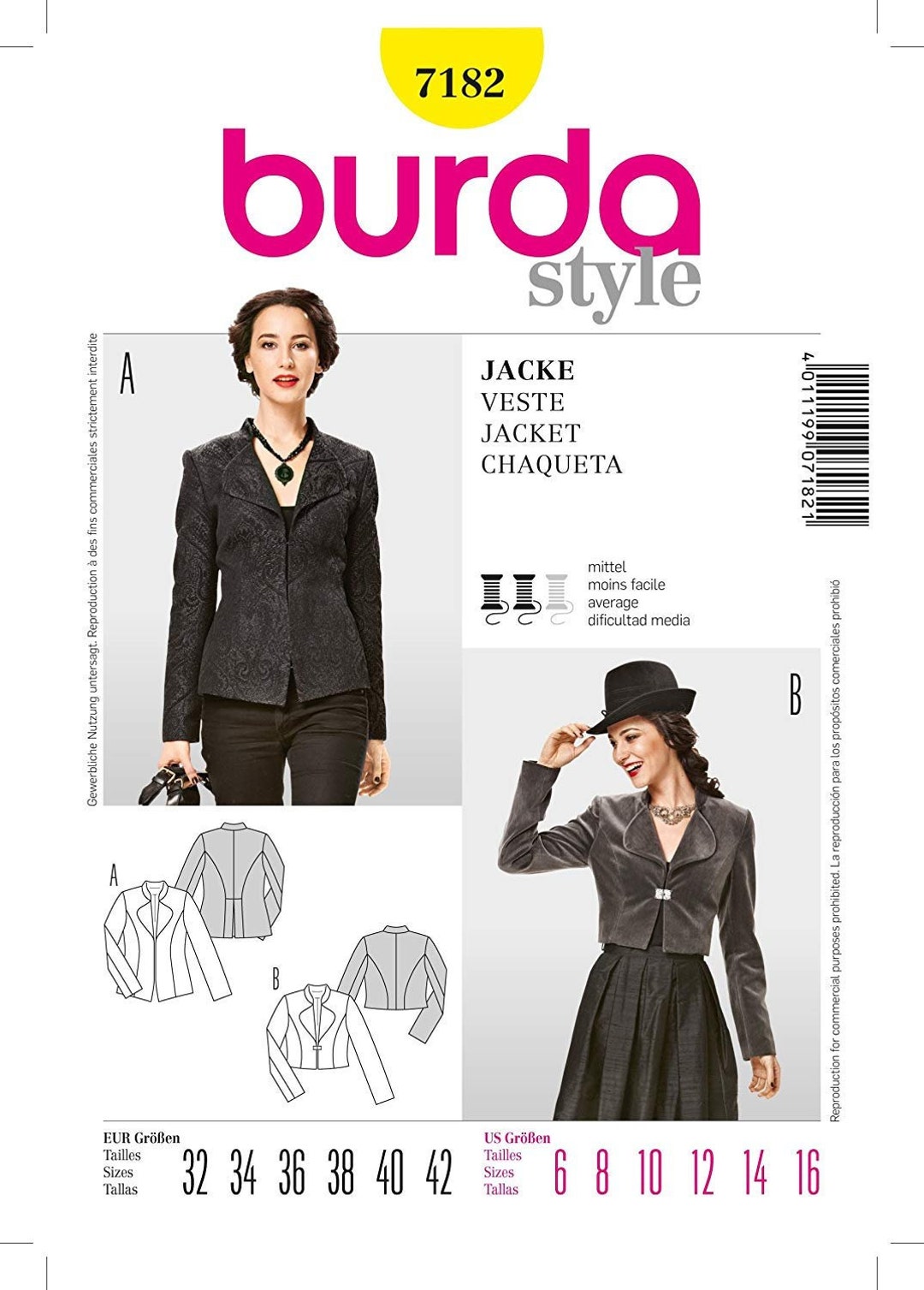 Burda 7182 Size 6-16 Misses Jacket Sewing Pattern / UNCUT Factory ...