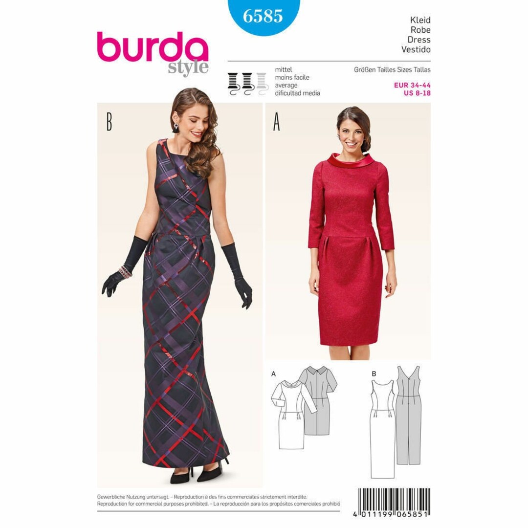 Burda 6585 Misses Evening or Cocktail Dress Gown Sewing Pattern Size 8 ...