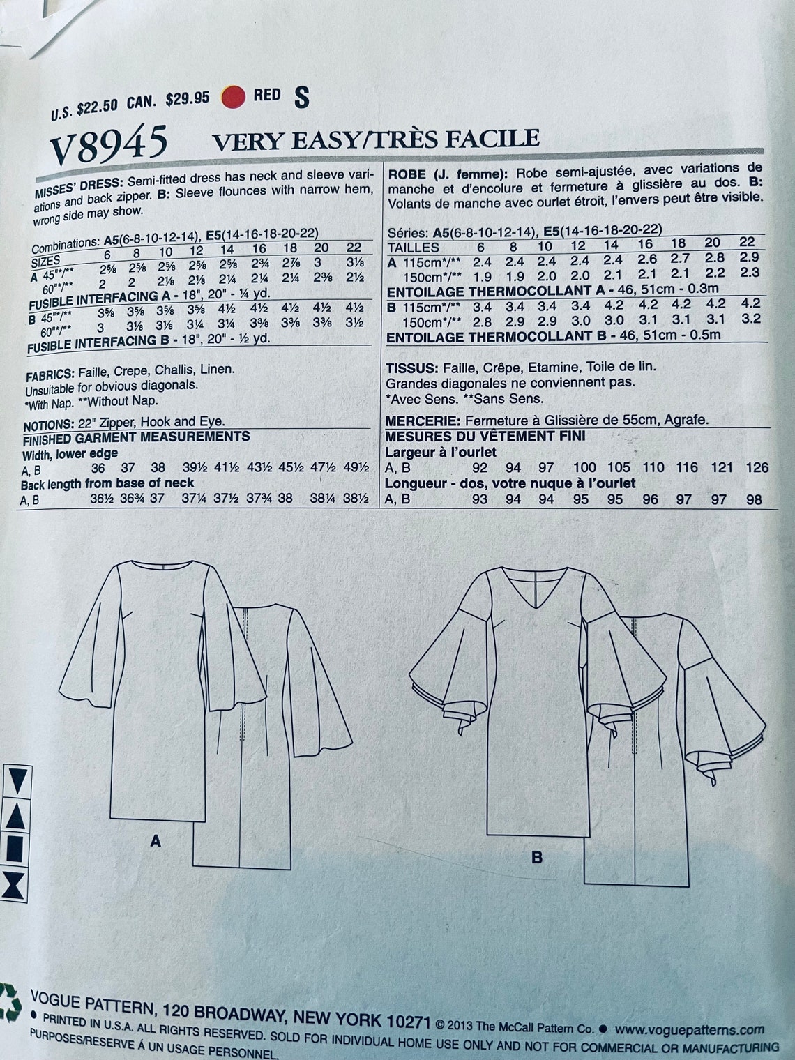 Vogue V8945 Sewing Pattern - Misses Dresses With Sleeve Flounce - Size ...