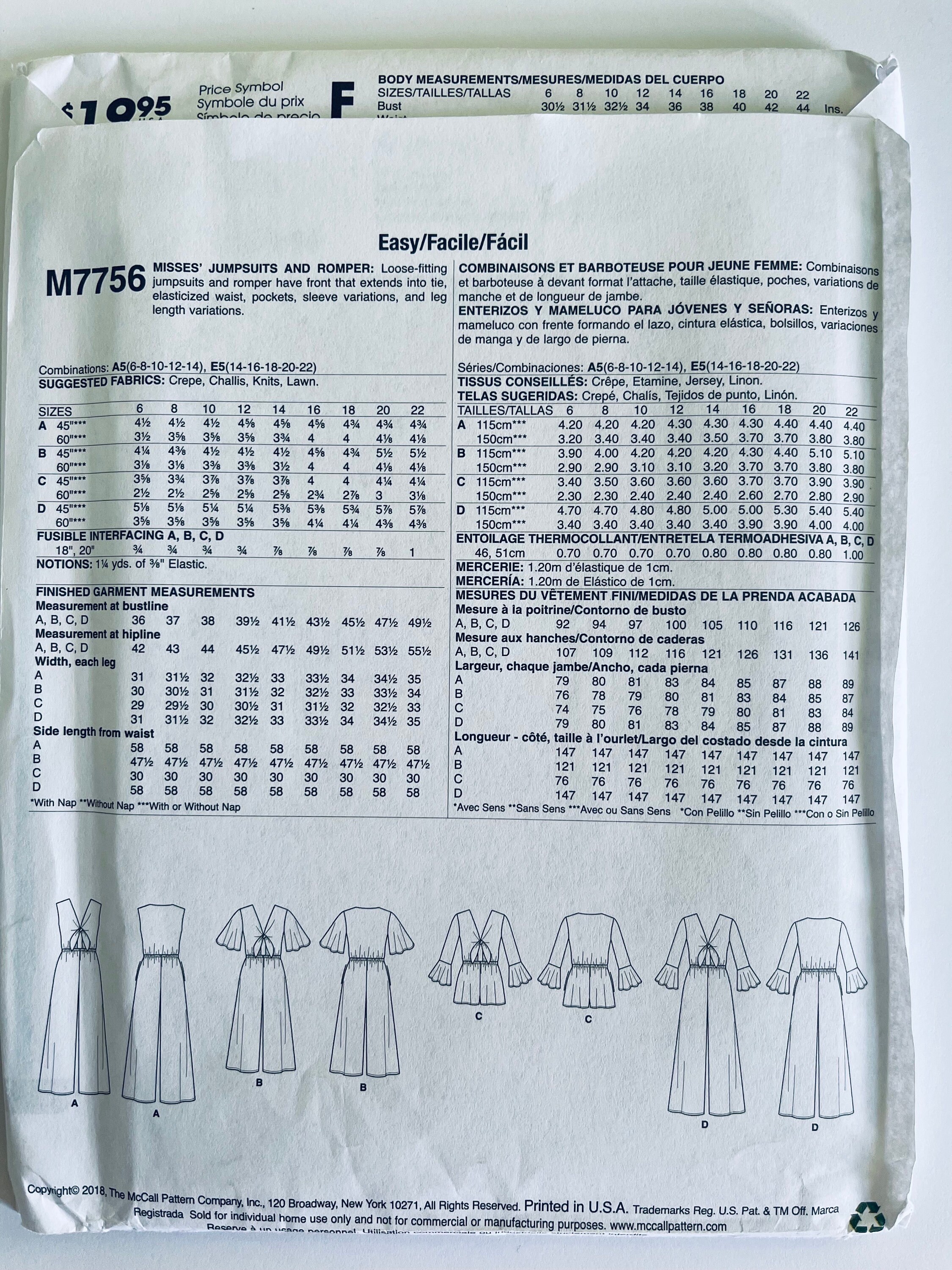 Mccalls M7756 Sewing Pattern - Misses Jumpsuits and Romper - Size 6-14 ...