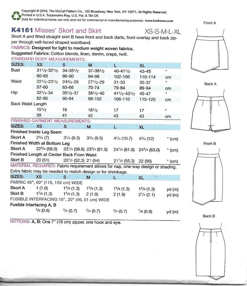Kwik Sew K4161 Sewing Pattern - Misses Skort and Skirt - Size XS-XL - Etsy