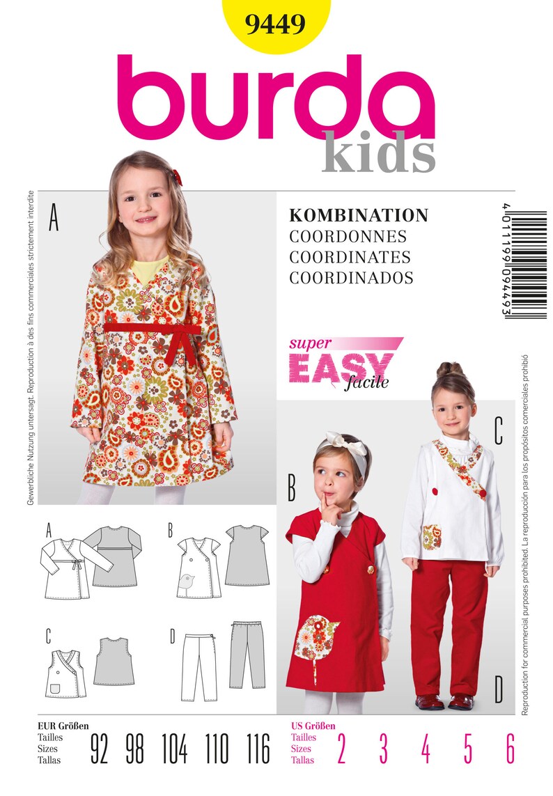 Burda 9449 Girl's Children's Dress, Top and Pants Sewing Pattern ...