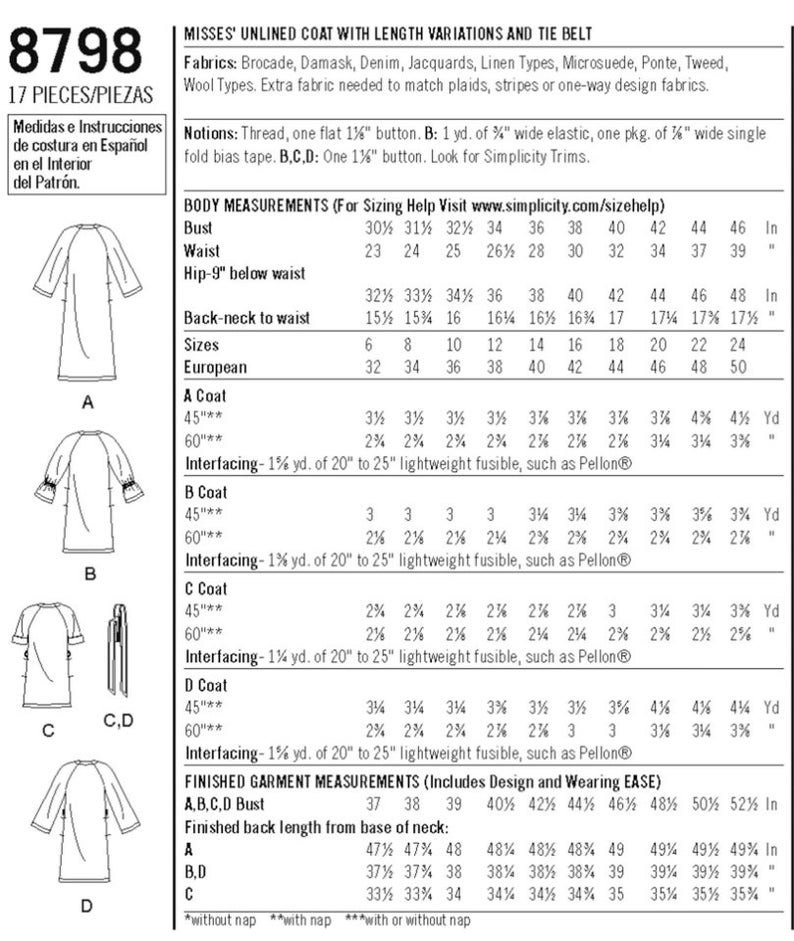 Simplicity 8798 Size 6-14 or 16-24 Misses' Unlined Coat - Etsy