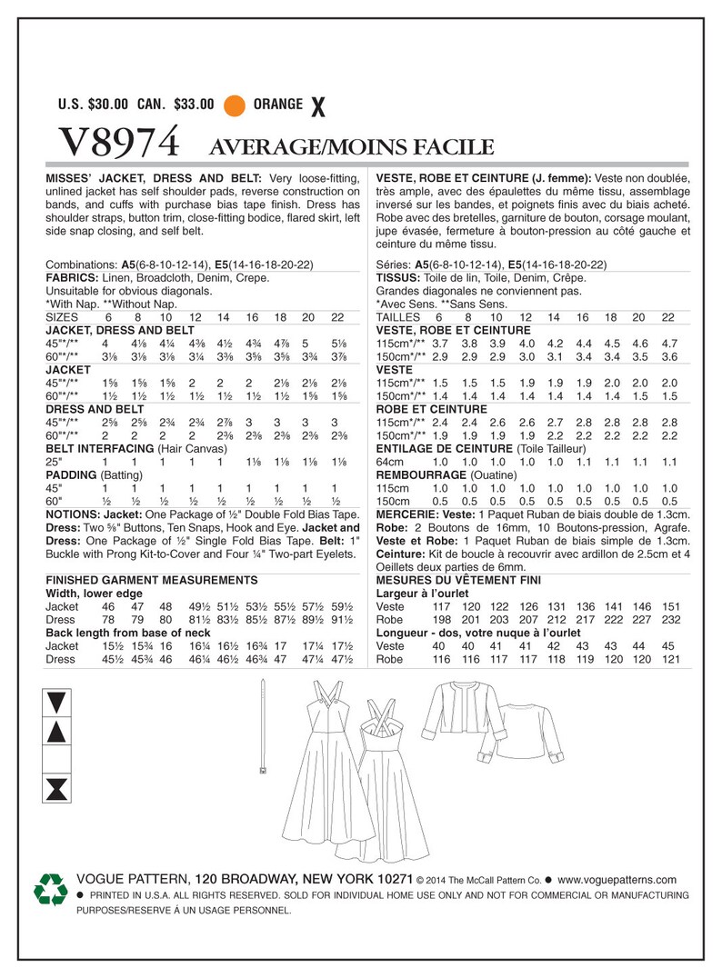 Vogue V8974 Misses Retro 1949 Jacket, Dress and Belt Sewing Pattern ...