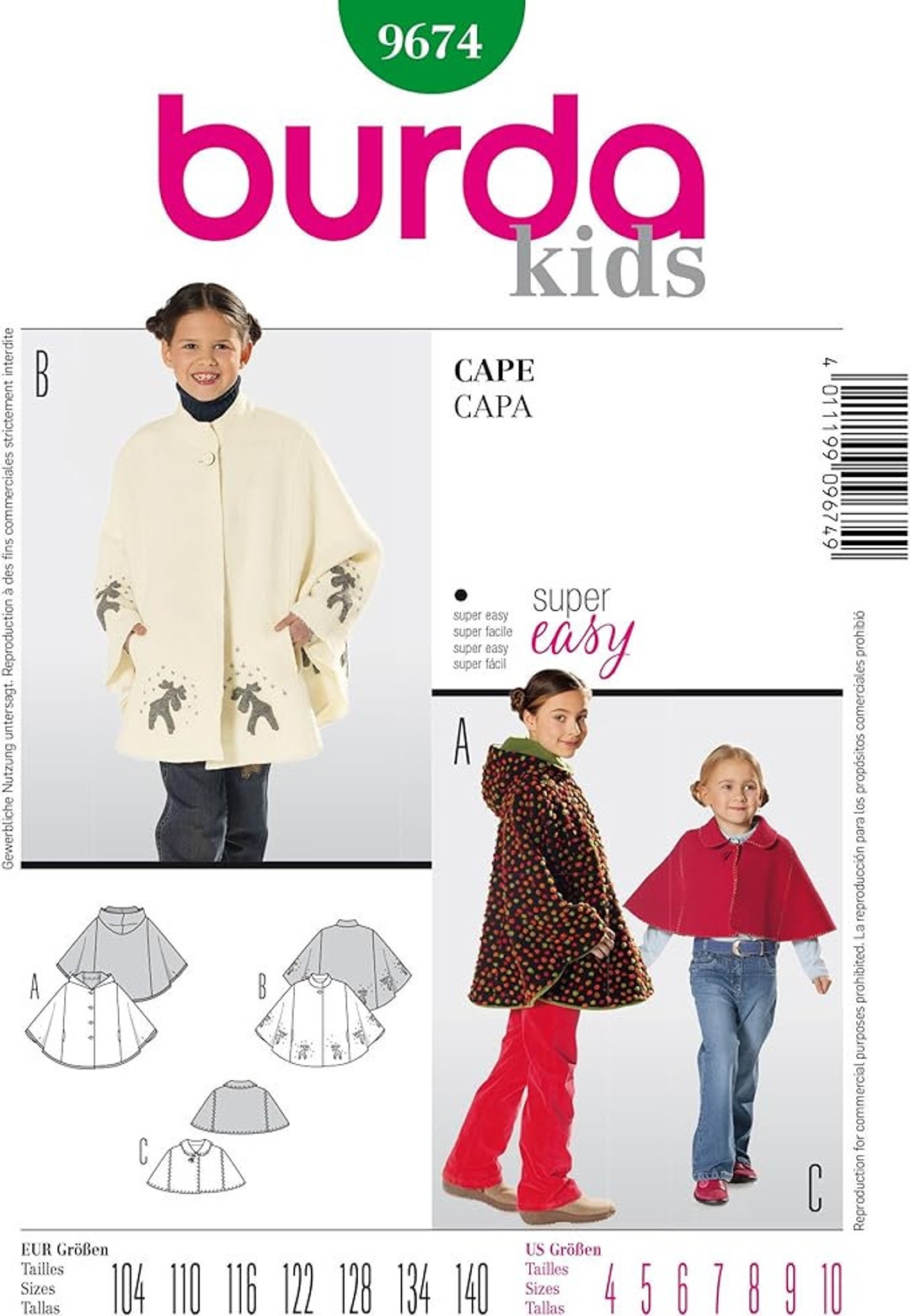 Burda 9674 Sewing Pattern Girl's Capes Size 4-10/uncut FF - Etsy